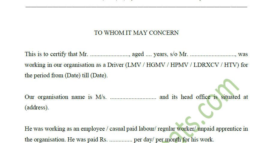 Work Experience Certificate Format for Driver Job Post