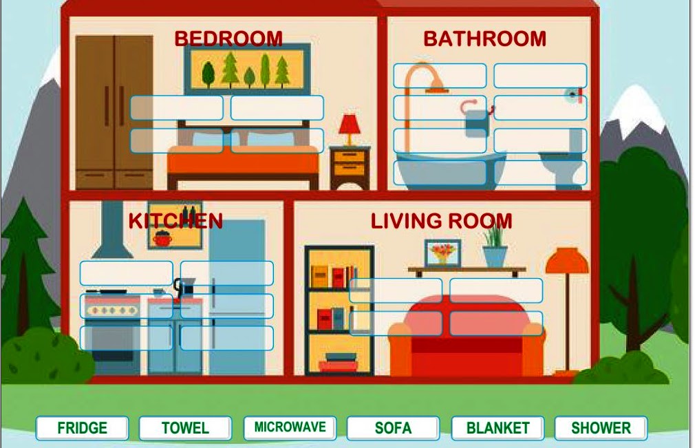 English is FUNtastic: House objects and rooms - Match the objects with ...