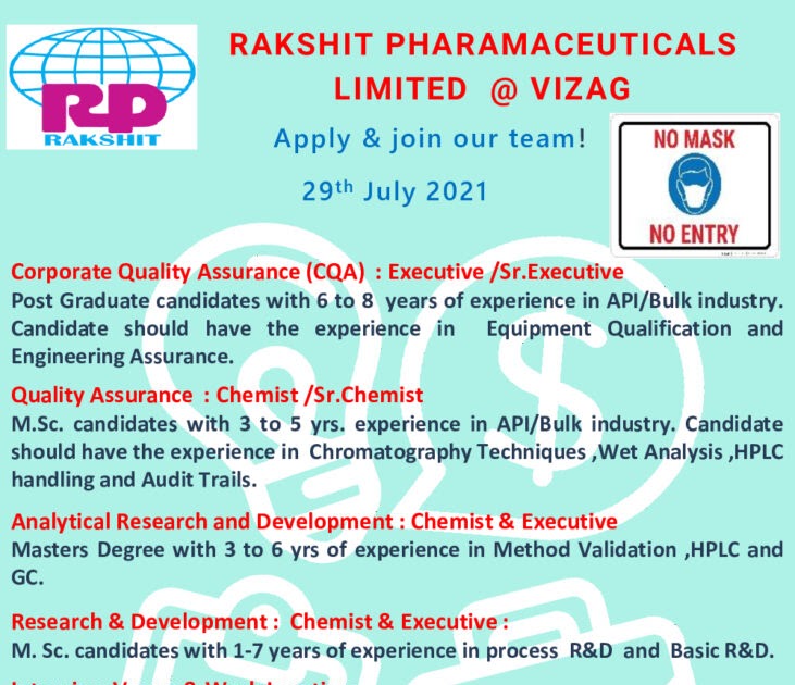 Rakshit Pharma | Walk-in interview at Visakhapatnam on 29th Jul 2021