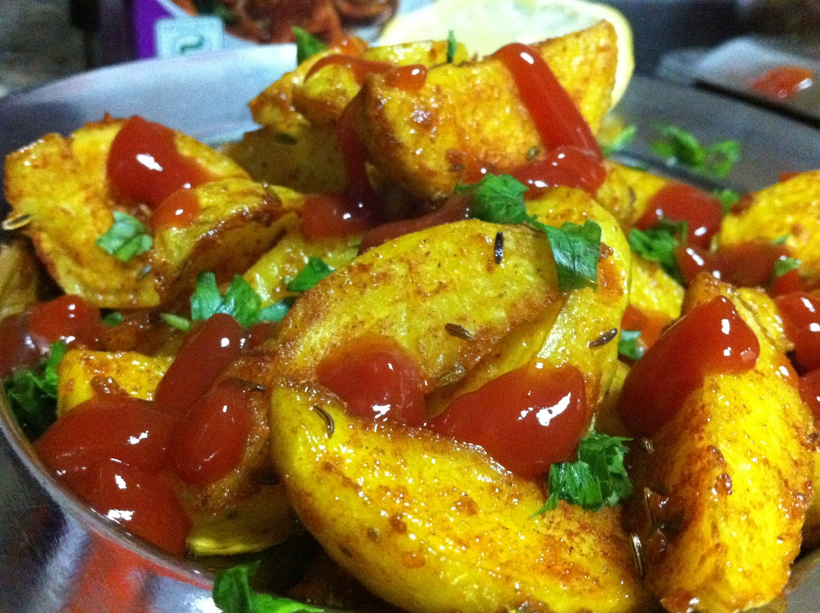 Spicy Grilled fish fillet, baked potato wedges & carrot ginger soup ...