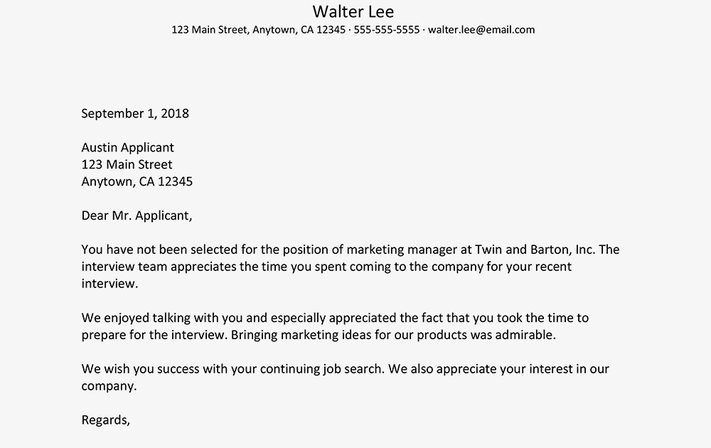 Rejection Letter After Interview ~ Thankyou Letter