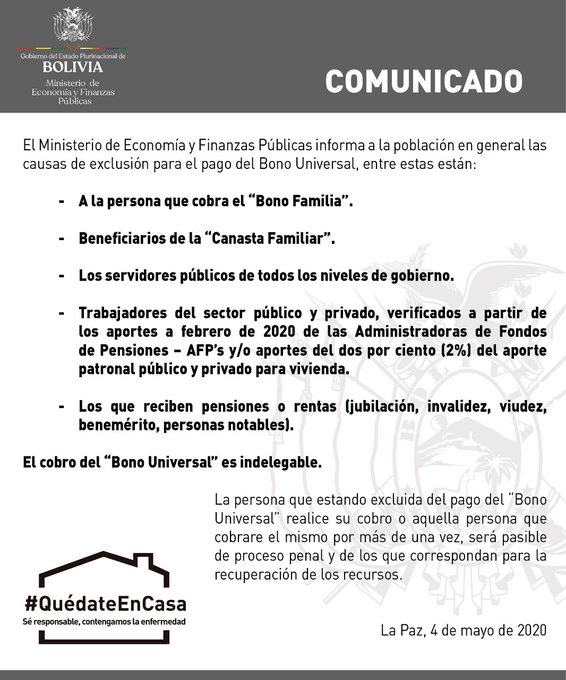 Cronograma del Pago del Bono Universal de 500 Bs. desde el 5 de mayo ...
