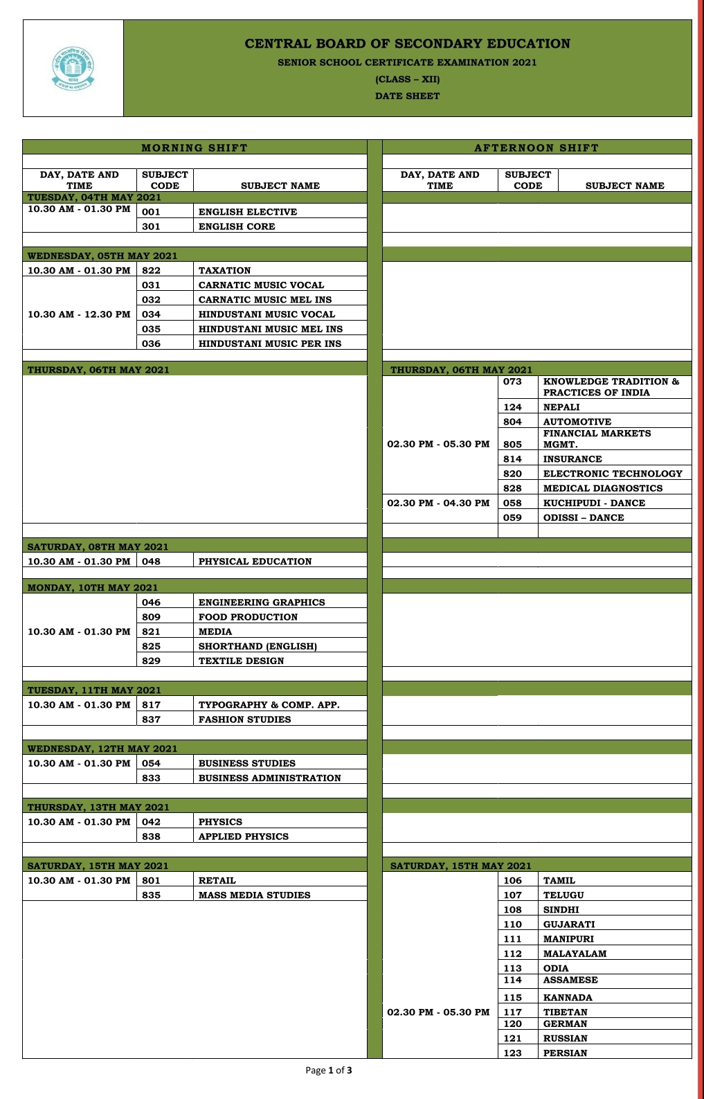 CBSE: class 10 and 12 final annual examination time table of 2020-21 ...
