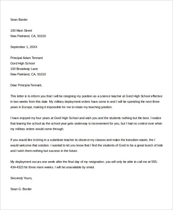 Letter Of Resignation Teacher - Formal Letter