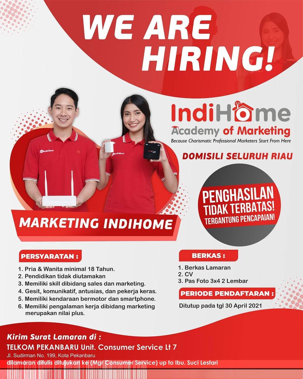 Lowongan Kerja MARKETING INDIHOME Telkom Pekanbaru - Karir Riau