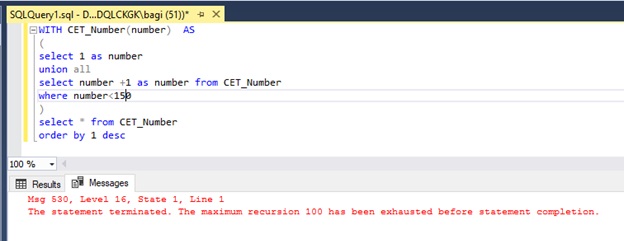 Microsoft Business Intelligence Recursive Cte Error The Maximum Recursion 100 Has Been