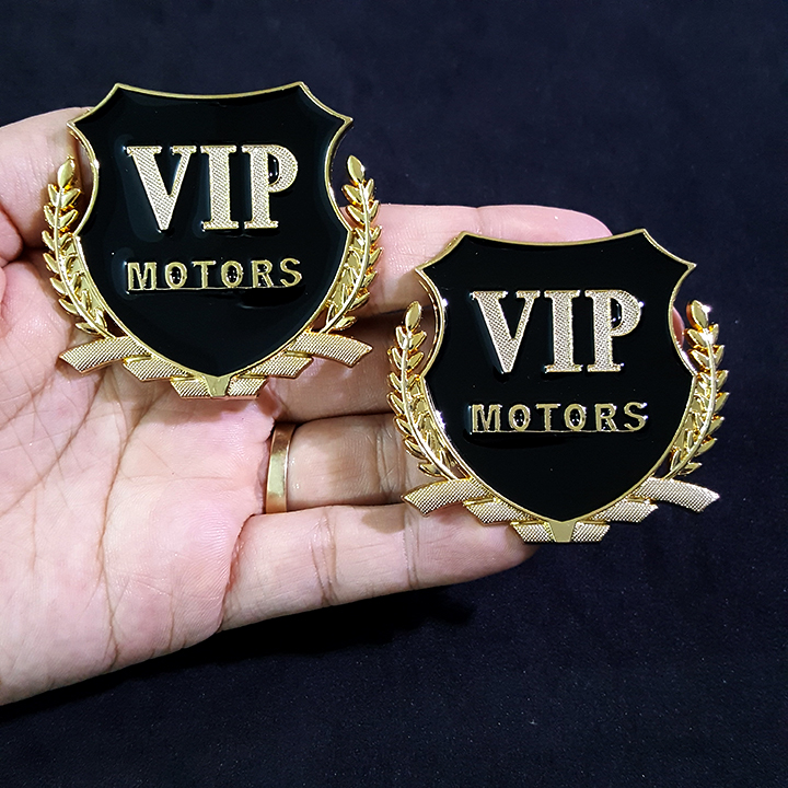 Bộ 2 miếng dán logo kim loại chữ VIP MOTOR bông lúa | 2 Phượt