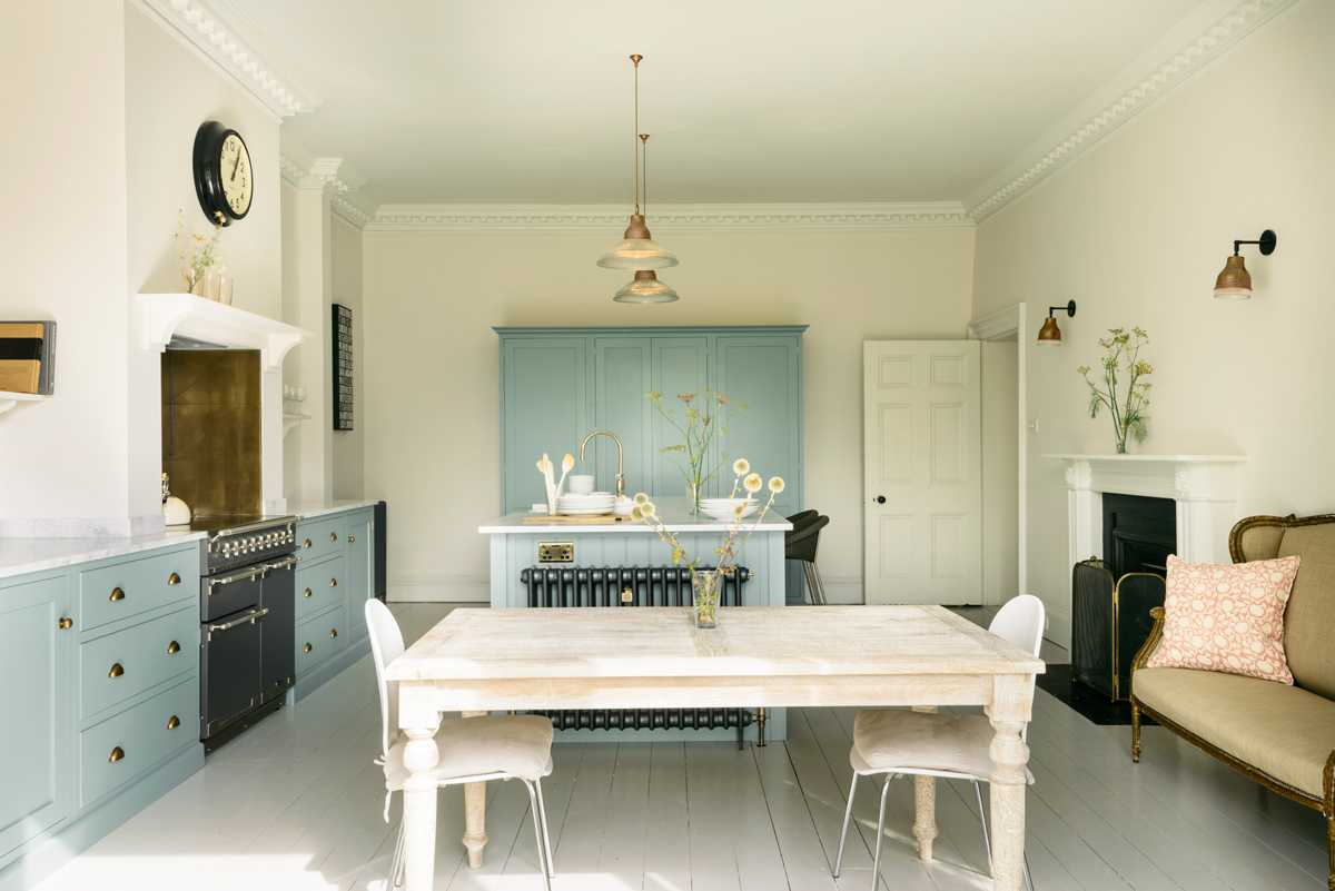 English Country Kitchen with Beautiful Blue Cabinets & Brass Hardware ...