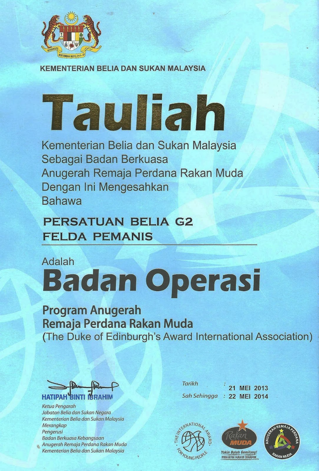 Persatuan Belia G2 Felda Pemanis: Sijil Pendaftaran dan Pengiktirafan