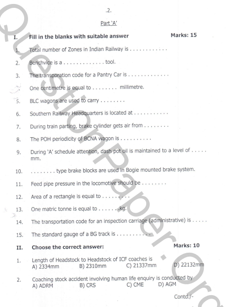 INDIAN RAILWAY QUESTION BANK: Question Paper - Technical Grade - 3 - C&W