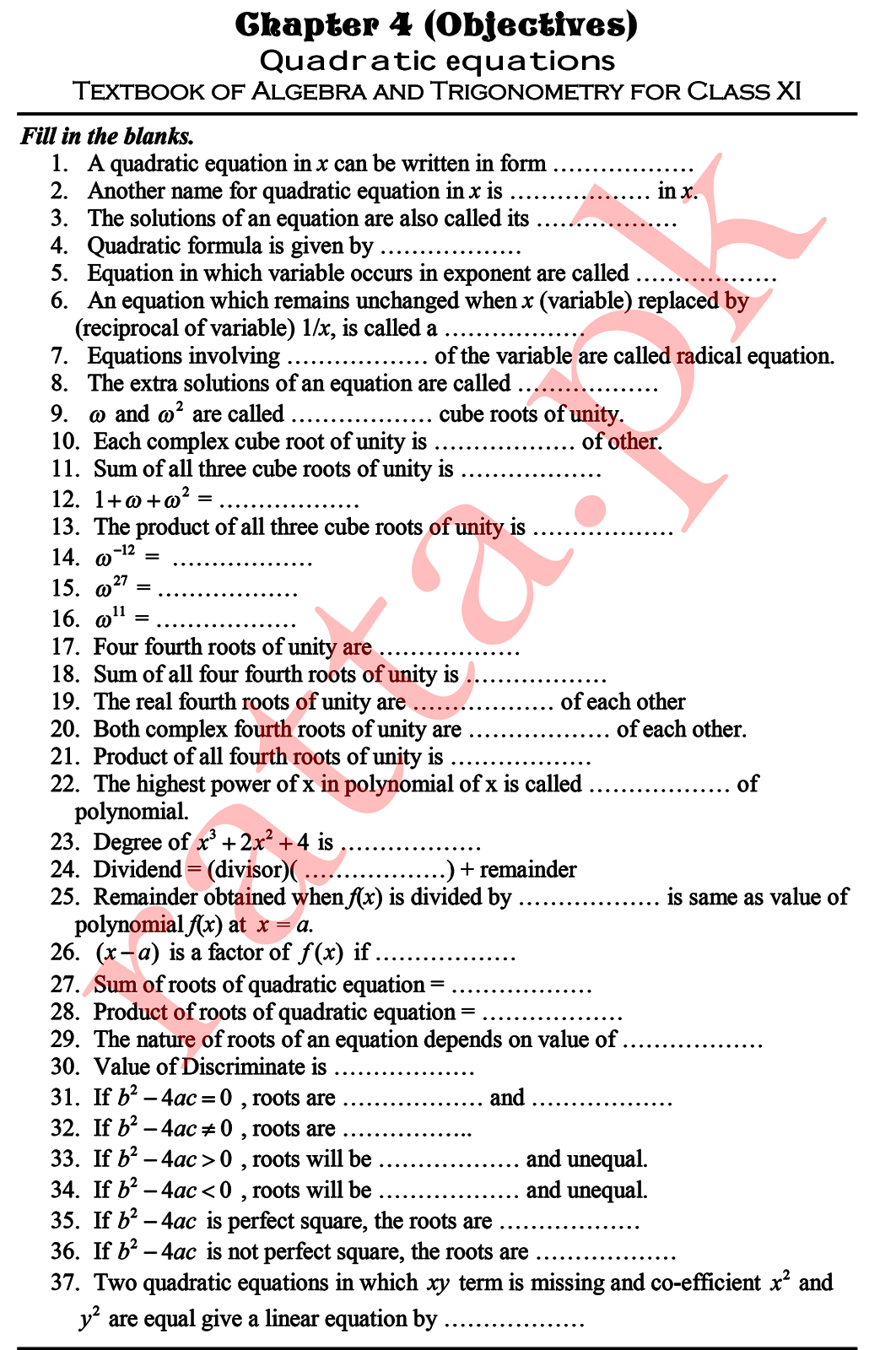 FSc/ICS 1st Year Maths Chapter 4 Notes Objectives (MCQs) - Ratta.pk