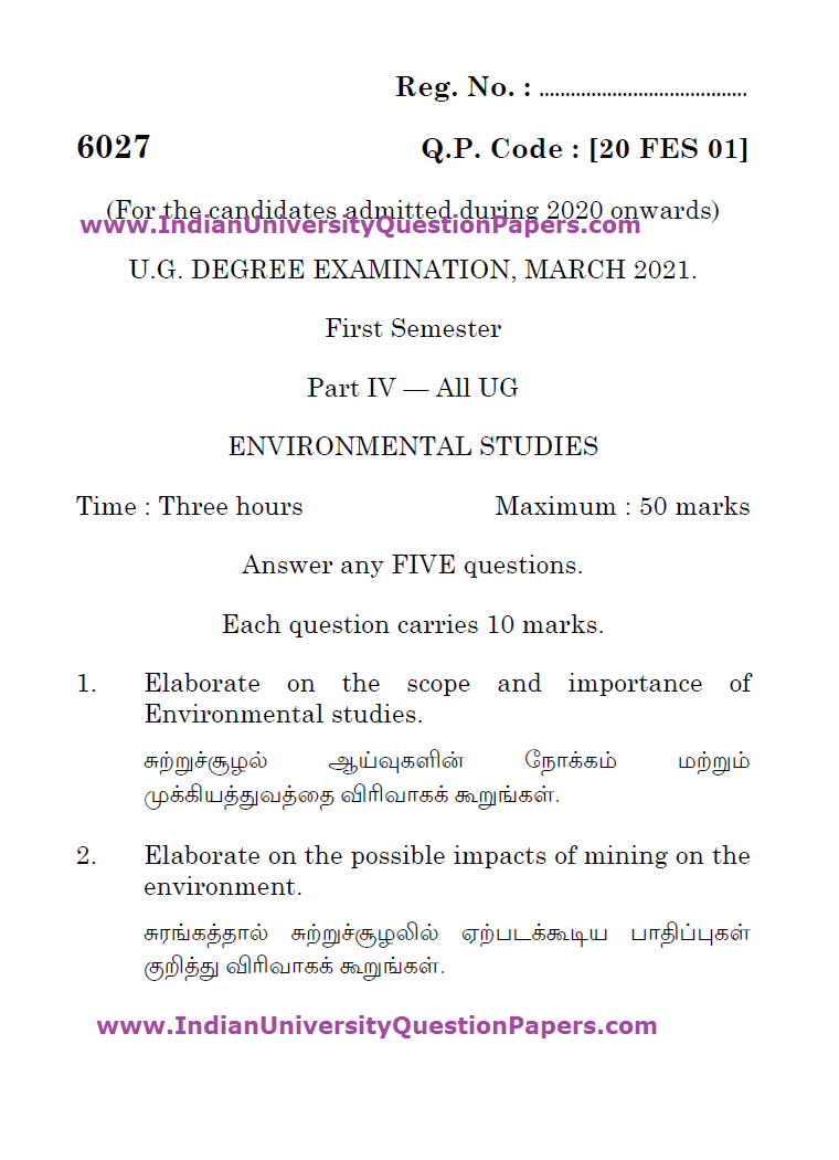 Bharathiar University UG All – ENVIRONMENTAL STUDIES March 2021 ...