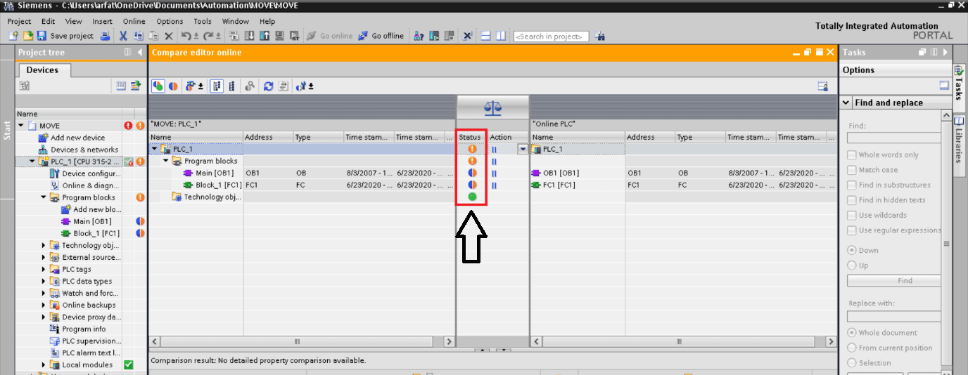 Compare Online and Offline PLC Programs