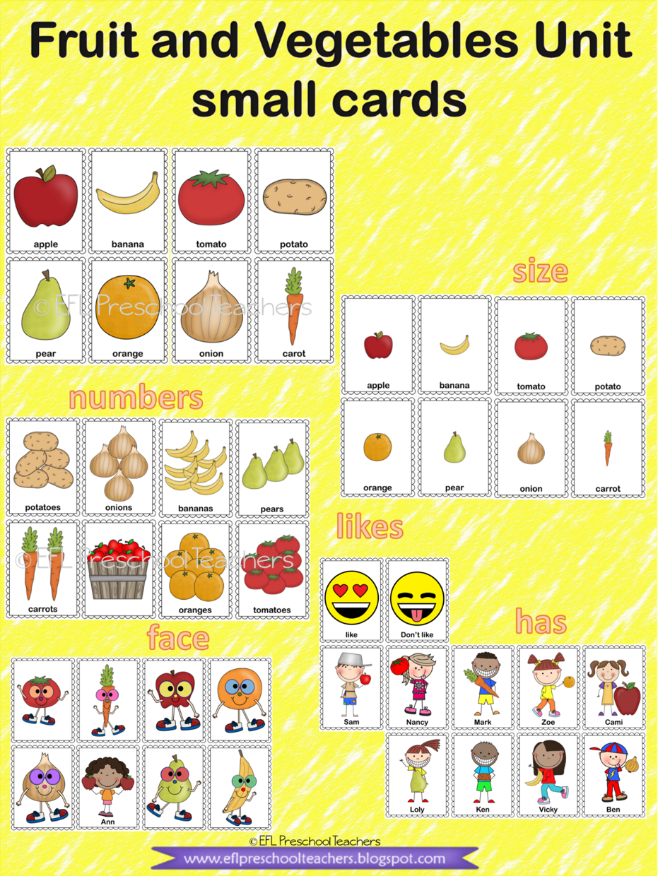ESL/EFL Preschool Teachers: Fruit and Vegetables unit small cards and ...