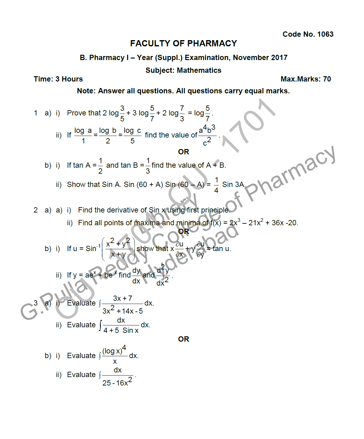 Osmania University B. Pharmacy I – Year (Supplementary) Subject ...