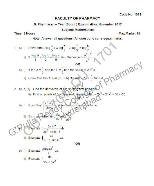 Osmania University B. Pharmacy I – Year (Supplementary) Subject ...