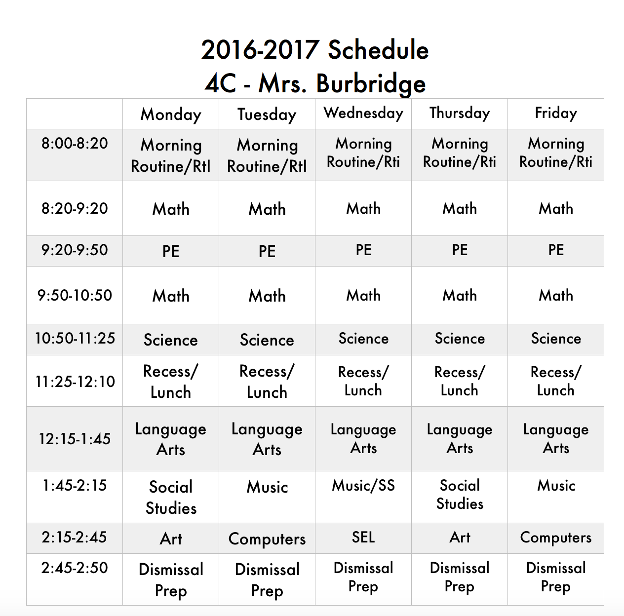 Mrs. Burbridge Reading & RtI: Class Schedule