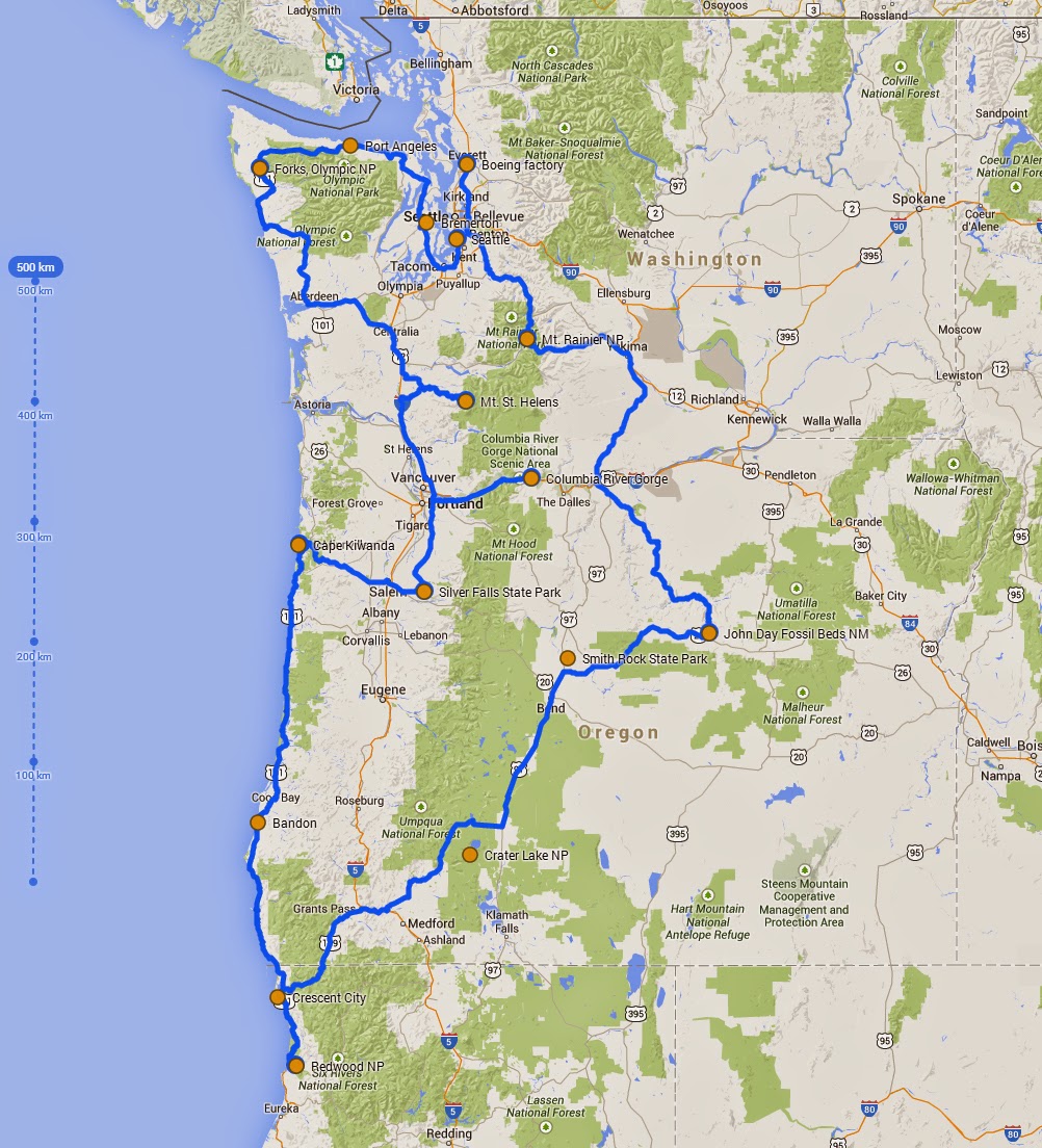 Washington en Oregon 2014: Route