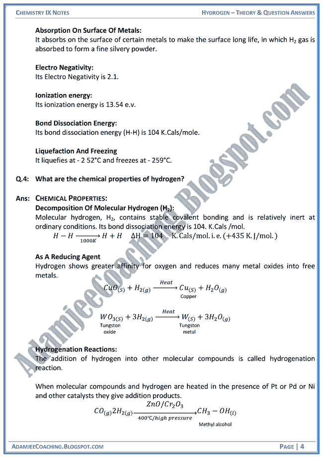 Adamjee Coaching: Hydrogen - Theory Notes and Question Answers ...
