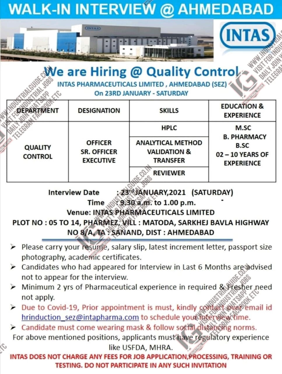 Intas Pharma Ahmedabad interview in 2021 January 23rd for Quality Control check now