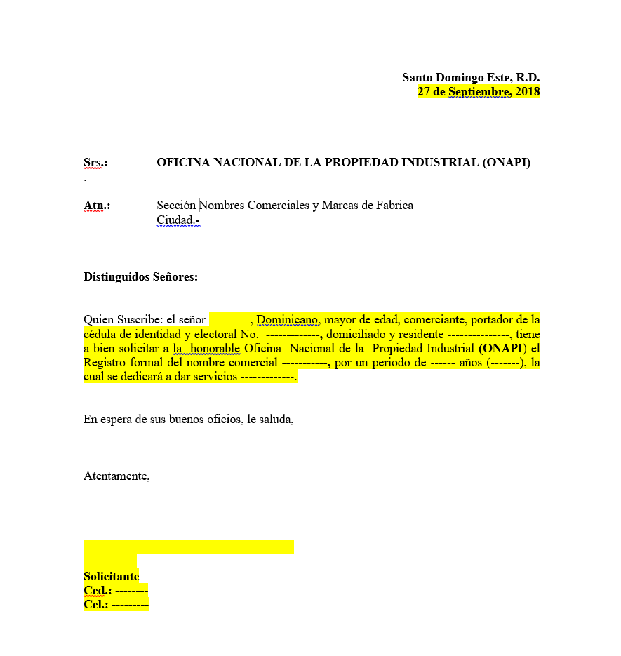 Modelo de Carta ONAPI - Registro Nombre Comercial