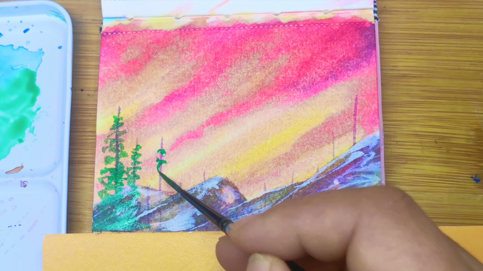 How to draw watercolor pink sunset step by step tutorial easy for begginer