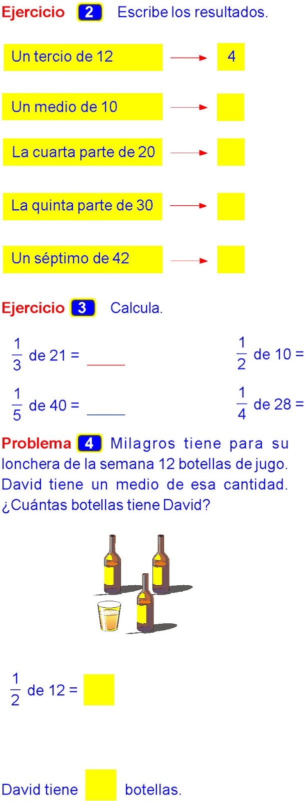 UN MEDIO UN TERCIO UN CUARTO UN QUINTO EN PRIMARIA EJEMPLOS DE MATEMATICAS