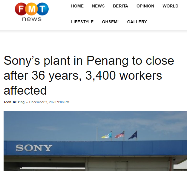 Kilang Sony Pulau Pinang Tutup Selepas 36 Tahun, 3400 Pekerja Terlibat ...