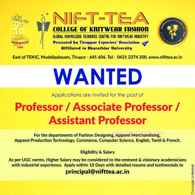 NIFT-TEA College of Knitwear Fashion, Tirupur, Wanted Teaching Faculty ...