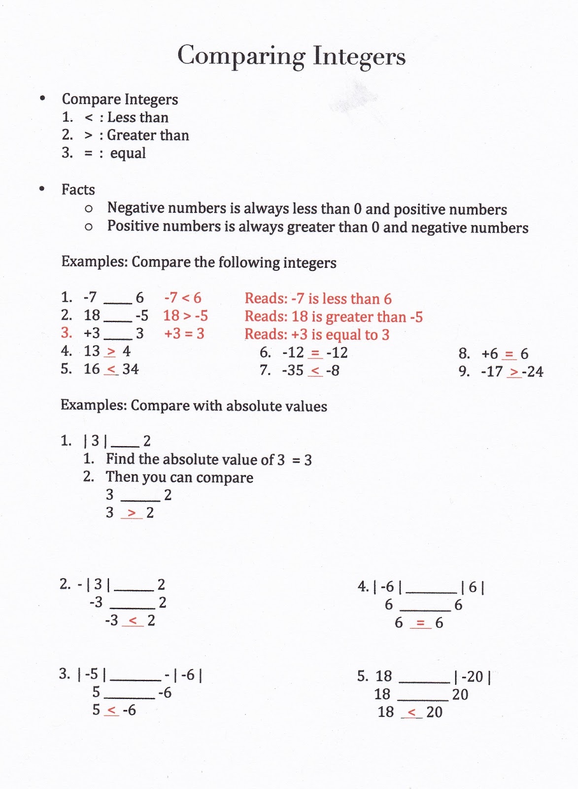 Arrowhead Middle school 7th grade Math: Comparing Integers