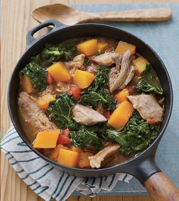 roasted pork shoulder with butternut squash, kale, and tomatoes