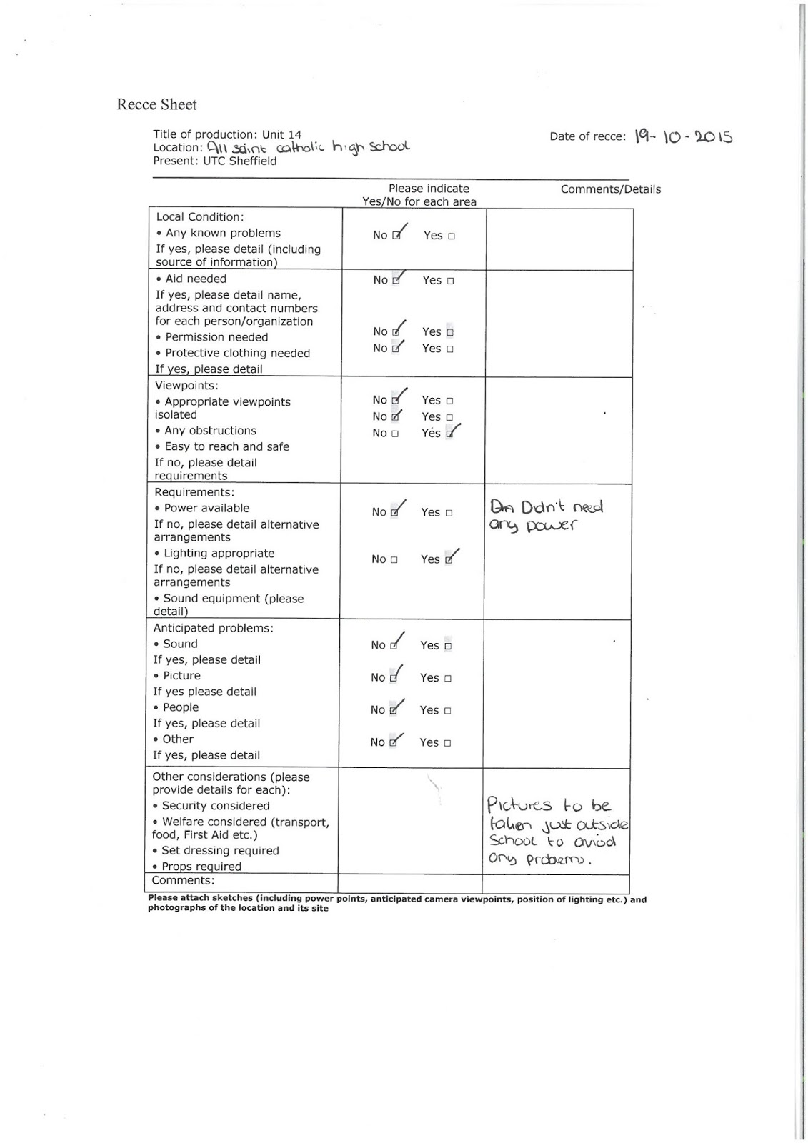 Unit 14 - Producing a Print Based Product.: LO2: Recce Sheets