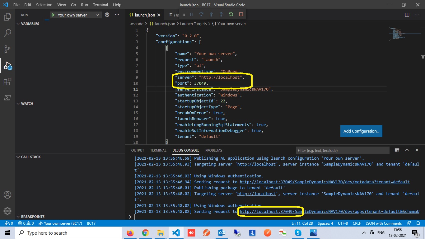 Issue with launch.json in Business Central OnPrem