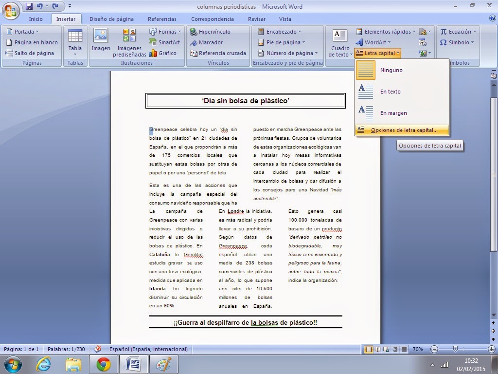 Ofimática: LETRA CAPITAL en WORD
