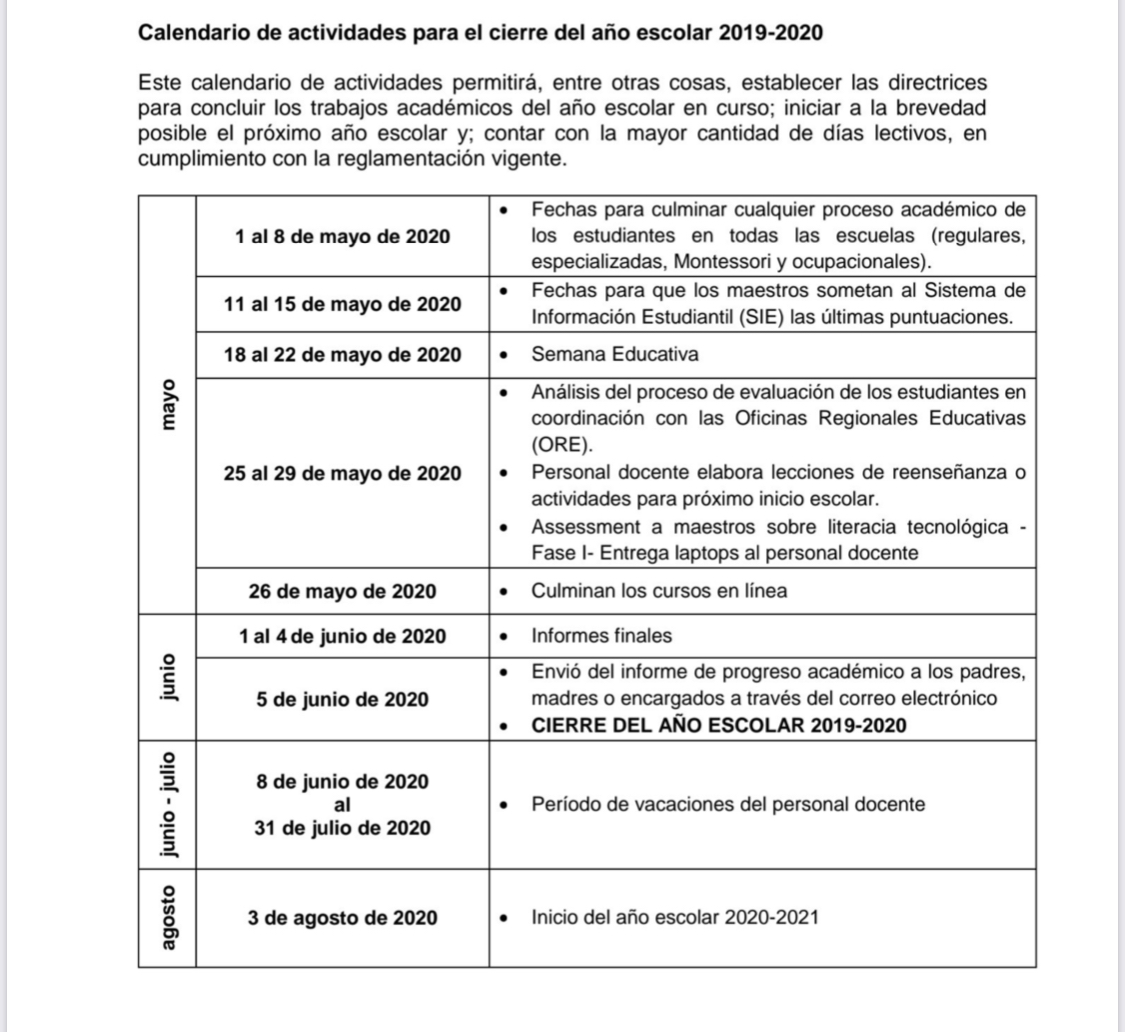 Calendario de actividades para el cierre escolar 2019-2020 DEPR