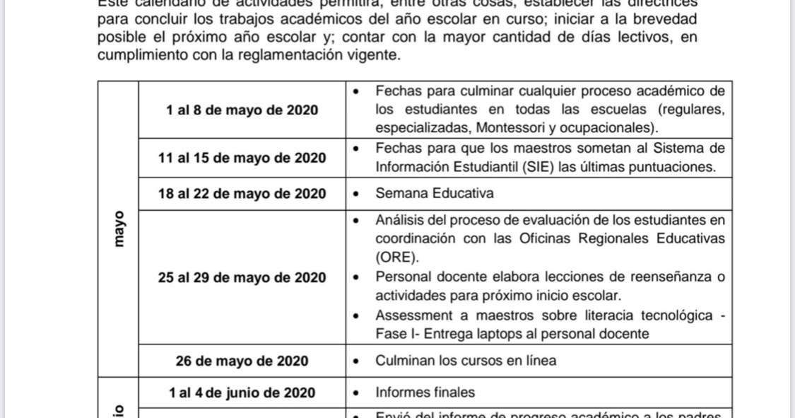 Calendario de actividades para el cierre escolar 2019-2020 DEPR