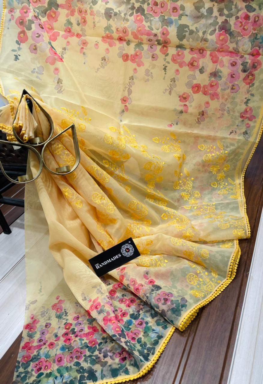 Organza chickenkari work sarees