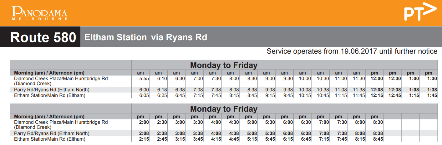 Melbourne on Transit: Timetable Tuesday #48: Route 580 - The seven day ...
