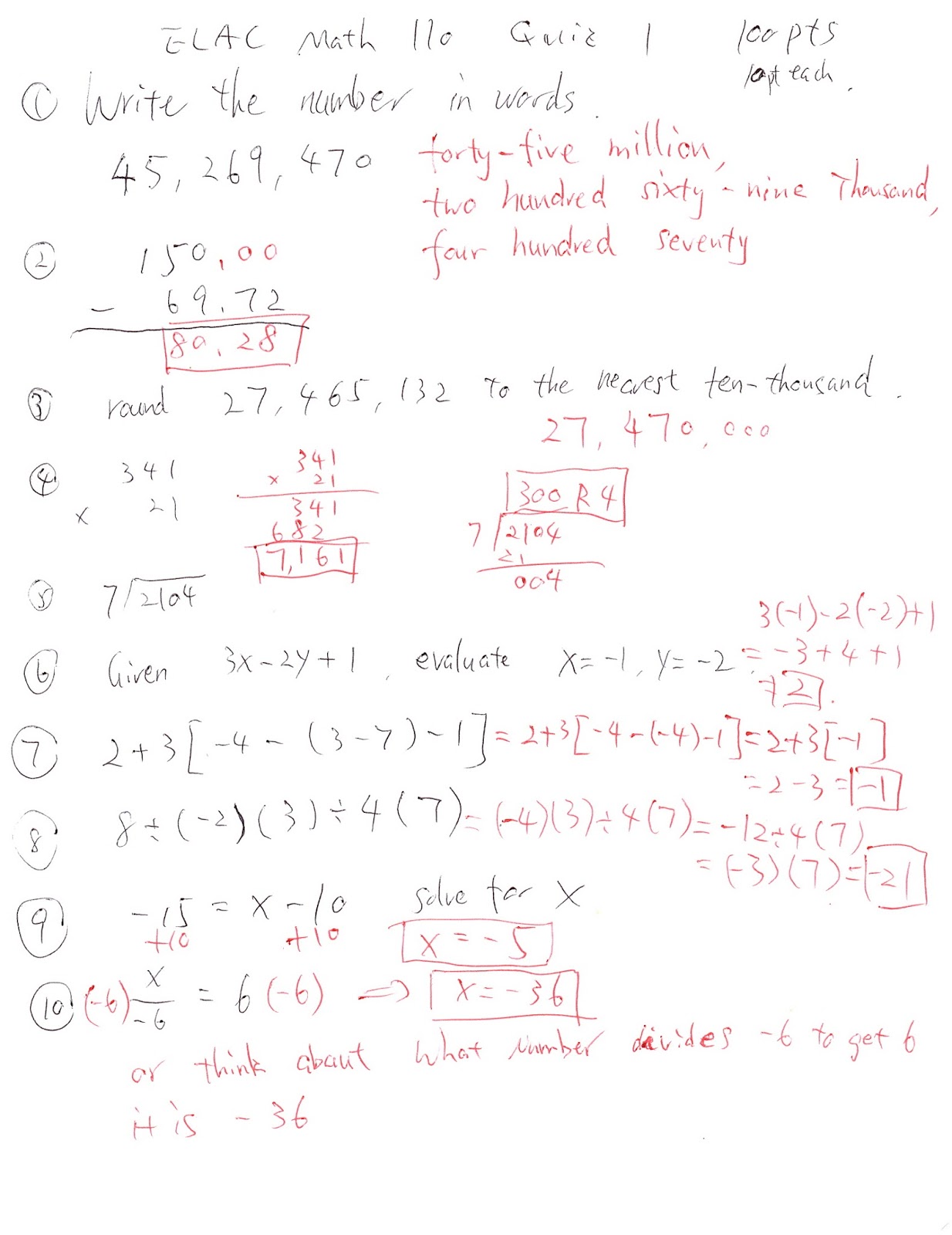 Mr. Hu LACCD Class: Math 110 Quiz 1 Solution