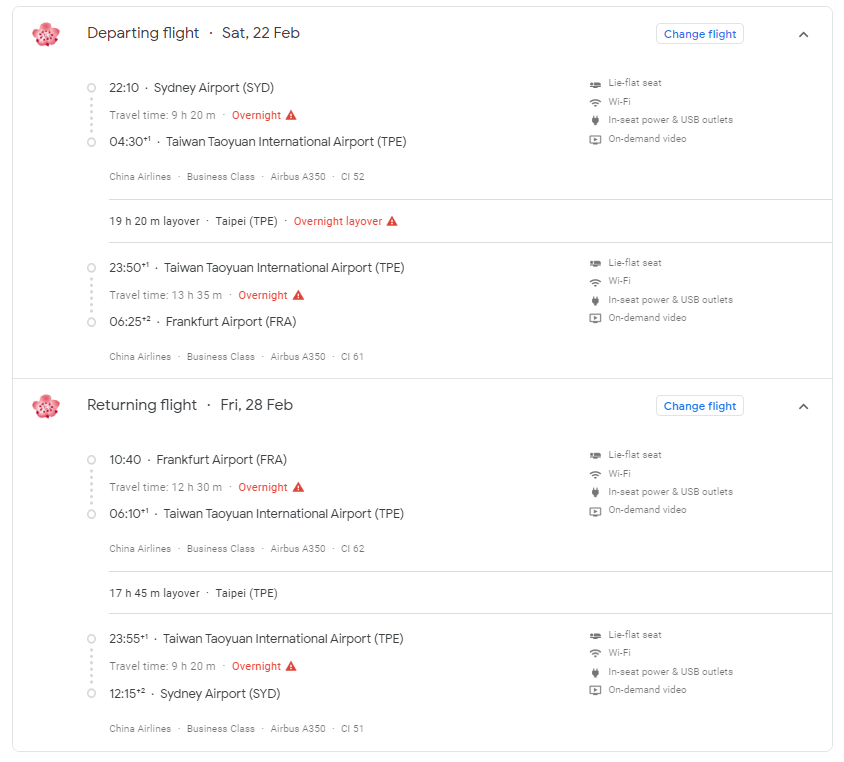CI: SYD to FCO/FRA/VIE from USD 2,572 / A$3,712 - FlyerTalk Forums