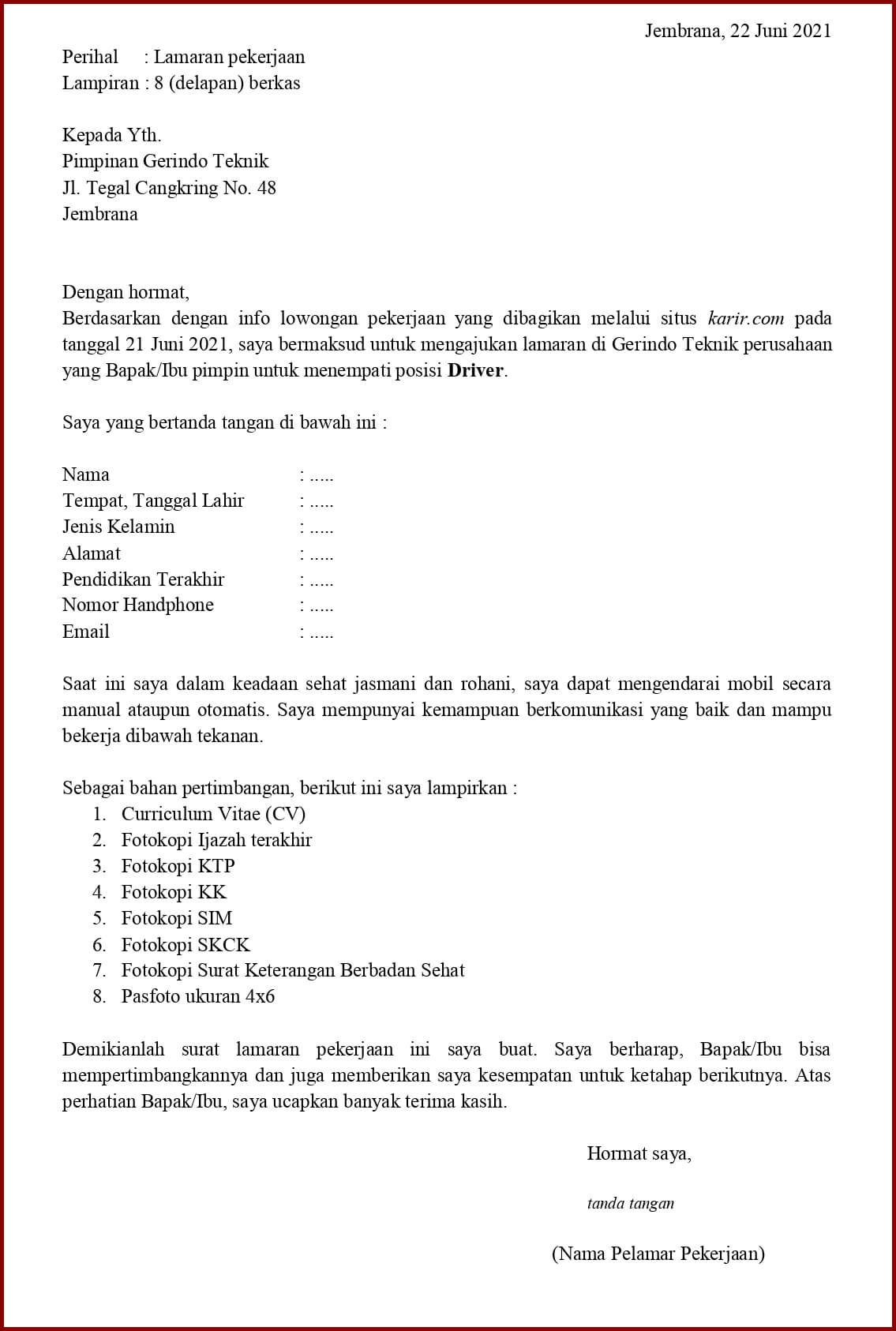 Contoh Surat Lamaran Kerja Untuk Driver (Fresh Graduate) - Tanpakoma