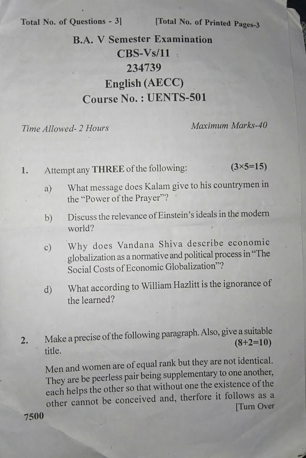 B.A. 5th Semester English Question Paper Of (CBCS) | Jammu University