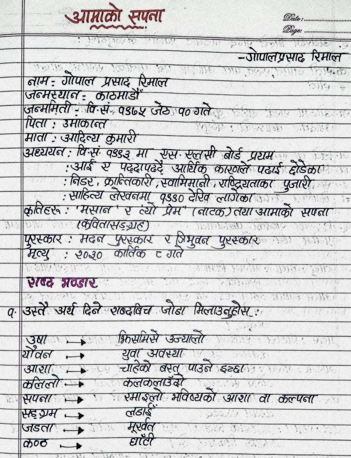 Unit 1 Nepali class 12 Aama Ko Sapana Poem Exercise Answer: