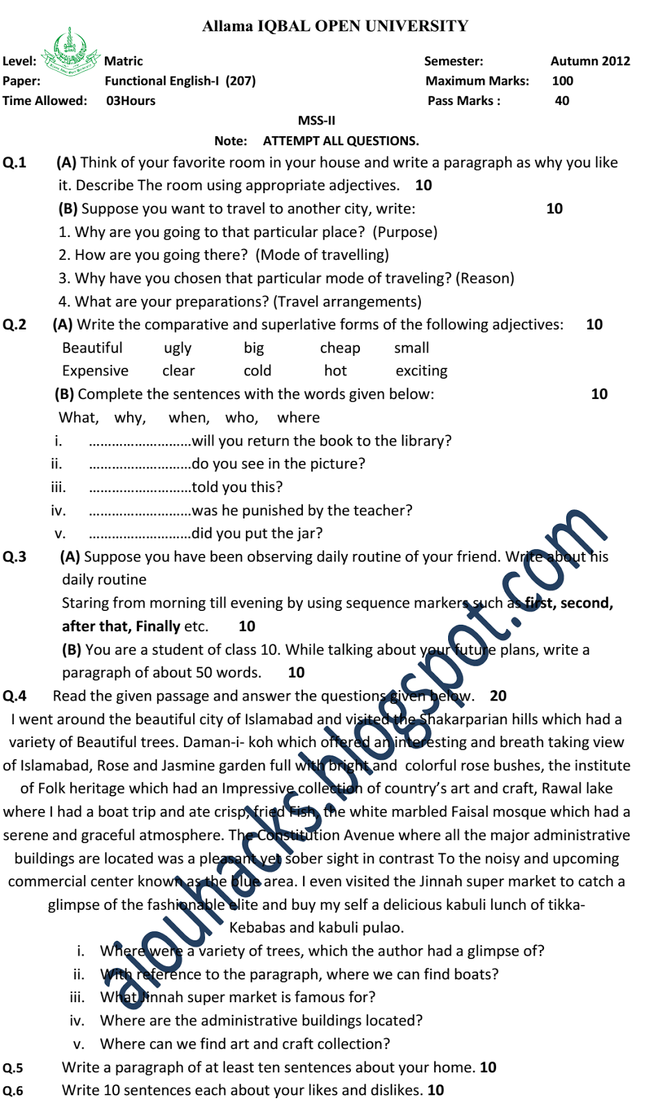 Matric English I 207 Past Papers matric-english-i-207-past-papers