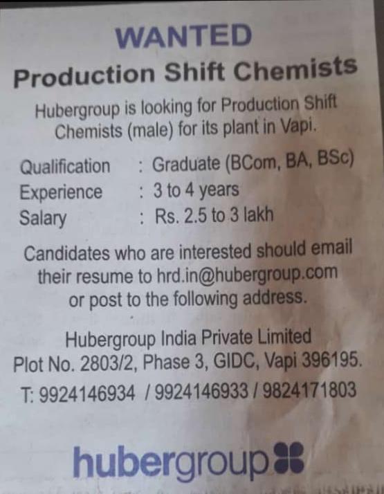 Hubergroup India Pvt Ltd Job Opening For Bsc/ Bcom/ BA - Production ...