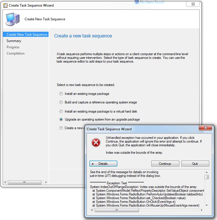 Kevinisms Unhandled Exception Using Task Sequence Wizard To Create Upgrade Task Sequence