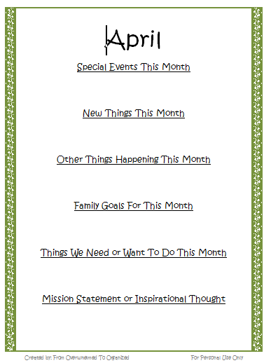 April Family Goals Printable and April Blog Goals | From Overwhelmed to ...