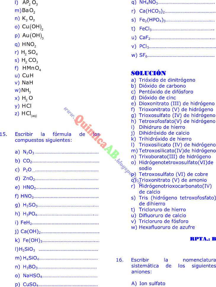 NOMENCLATURA INORGÁNICA PROBLEMAS RESUELTOS TIPO EXAMEN DE INGRESO A LA UNIVERSIDAD ~ QUÍMICA ...