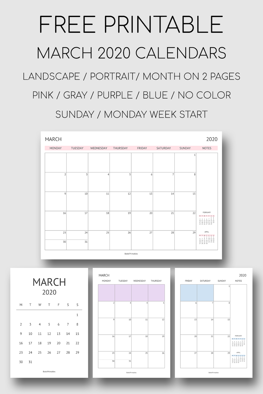 Printable March 2020 Calendars