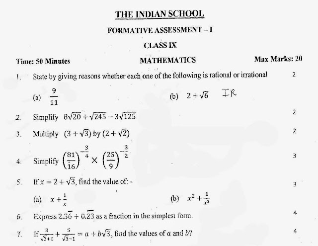 Class IX MATHEMATICS THE INDIAN SCHOOL Questions Paper FA 1 (2015 – 16)